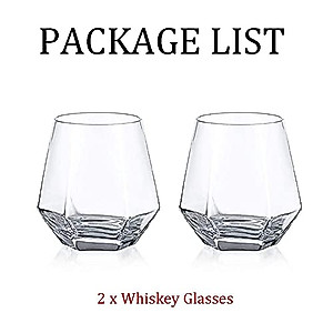 Hanobe Diamond Whiskey Glasses - Set of 2 Unique Geometric Tilted Wine Tumbler Crystal Old Fashioned Rock Lowball Glasses for Cocktail Scotch Cognac Bourbon Drinking Bar, 10oz Clear