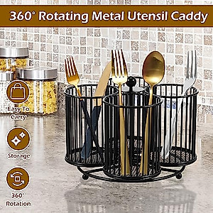 360° Rotating Metal Utensil Caddy, Utensil Organizer Holder 4 Compartment Flatware Storage Basket Portable Multipurpose Countertop Silverware Organizer for Kitchen Picnic Camping Outdoor (Black)