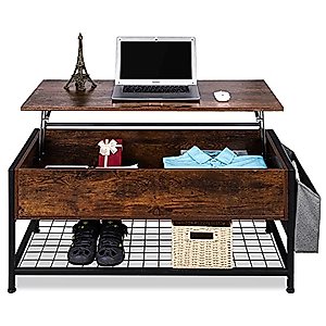 ErgoDesign Lift Top Coffee Table, 39.5" L Coffee Table with Storage Bag, Rising Tabletop Table with Hidden Compartment for Living Room Reception Room (Rustic Brown)