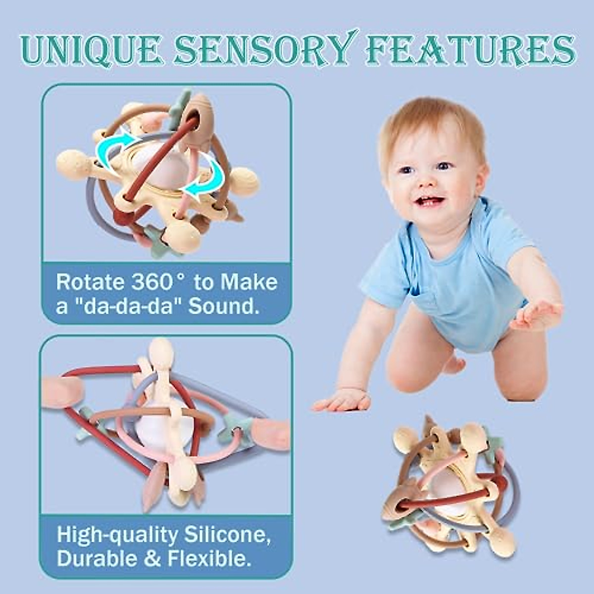 Baby Sensory Teething Teether Toys - Soft Food Silicone Teething Toys for Babies 0-6 6-12 Months, Baby Rattle Montessori Chew Infant Toys, Christmas Birthday Baby Shower Gifts for 0-36 Months Baby