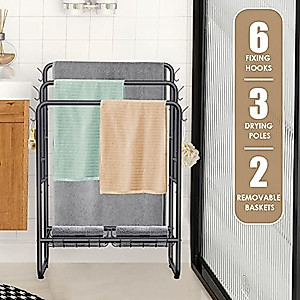 Kayfia 40" Tall Freestanding Towel Racks, 3 Tier Blanket Rack with 2 Removable Storage Baskets & 6 Hooks, Indoor Outdoor Floor Blanket Ladder Holder for Bedroom Bathroom Organizer (Metal Black)