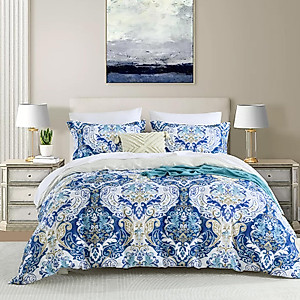 Quilta Blue Damask Duvet Cover King 3 Pieces Bedding Set 104"x90", Vintage Boho Medallion Reversible Pattern Duvet Cover with 2 Pillowshams, Comforter Not Included, Blue/White/Brown