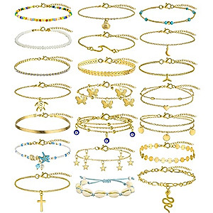 iF YOU 20 Pcs Gold Ankle Bracelets Set for Women Girls, Boho Colorful Beach Beaded Chain Anklet Bracelet, Starfish Turtle Adjustable Anklet Foot Jewelry.