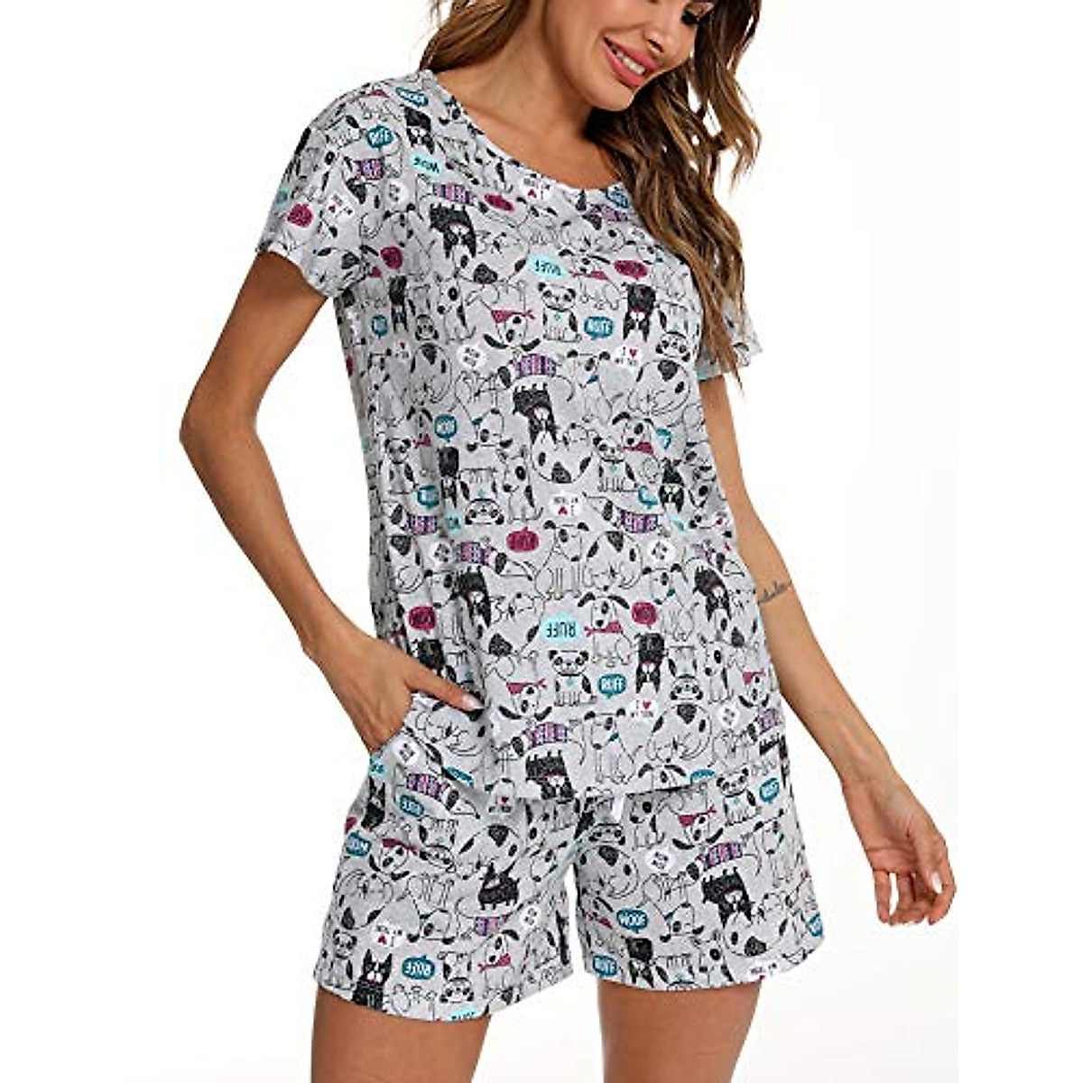 ENJOYNIGHT Women's Cute Sleepwear Print Tee and Shorts Pajama Set (Large, Grey Dog)