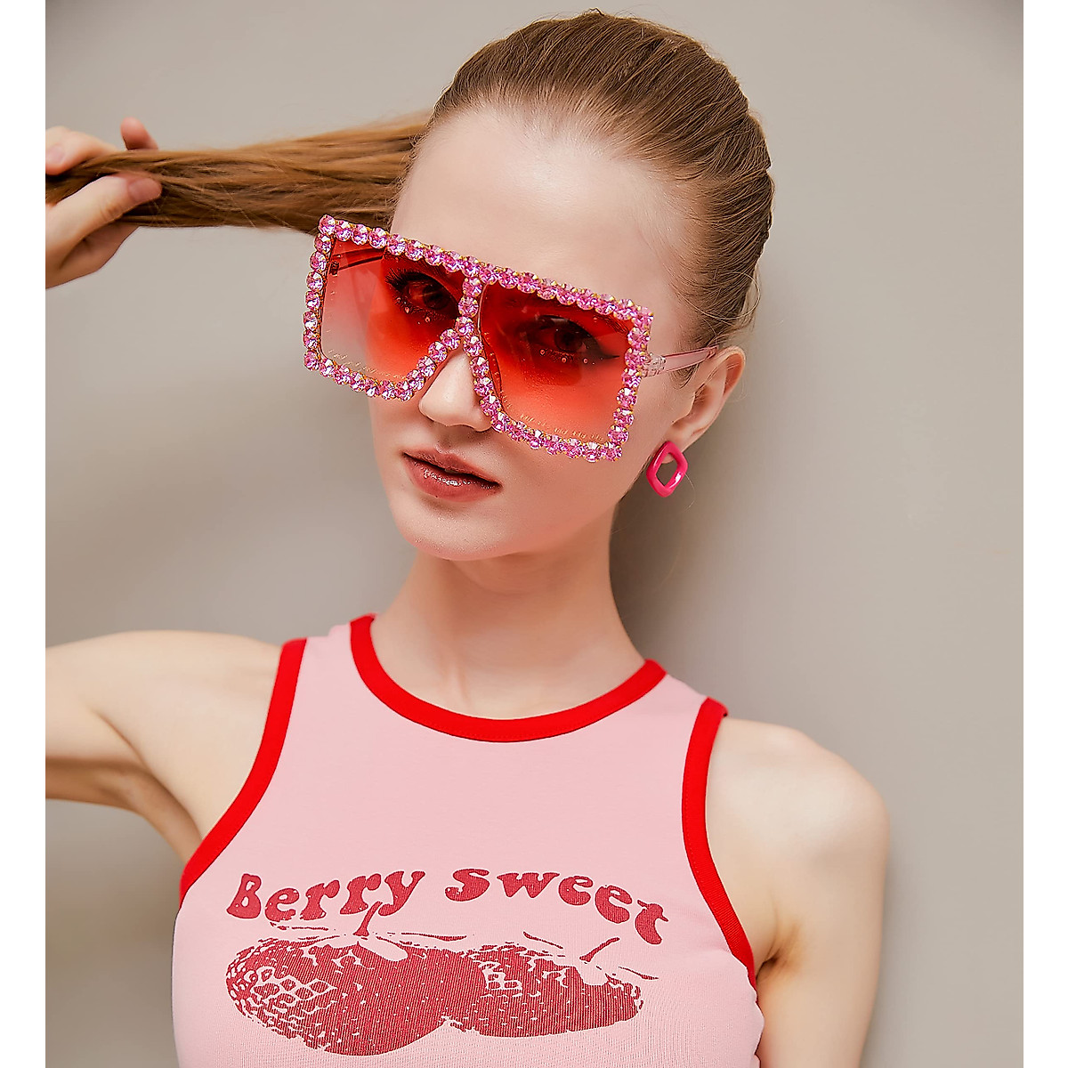 FEISEDY Oversized Sparkling Crystal Sunglasses Disco Diamond Flat Top Fashion Square Large Shades B2782