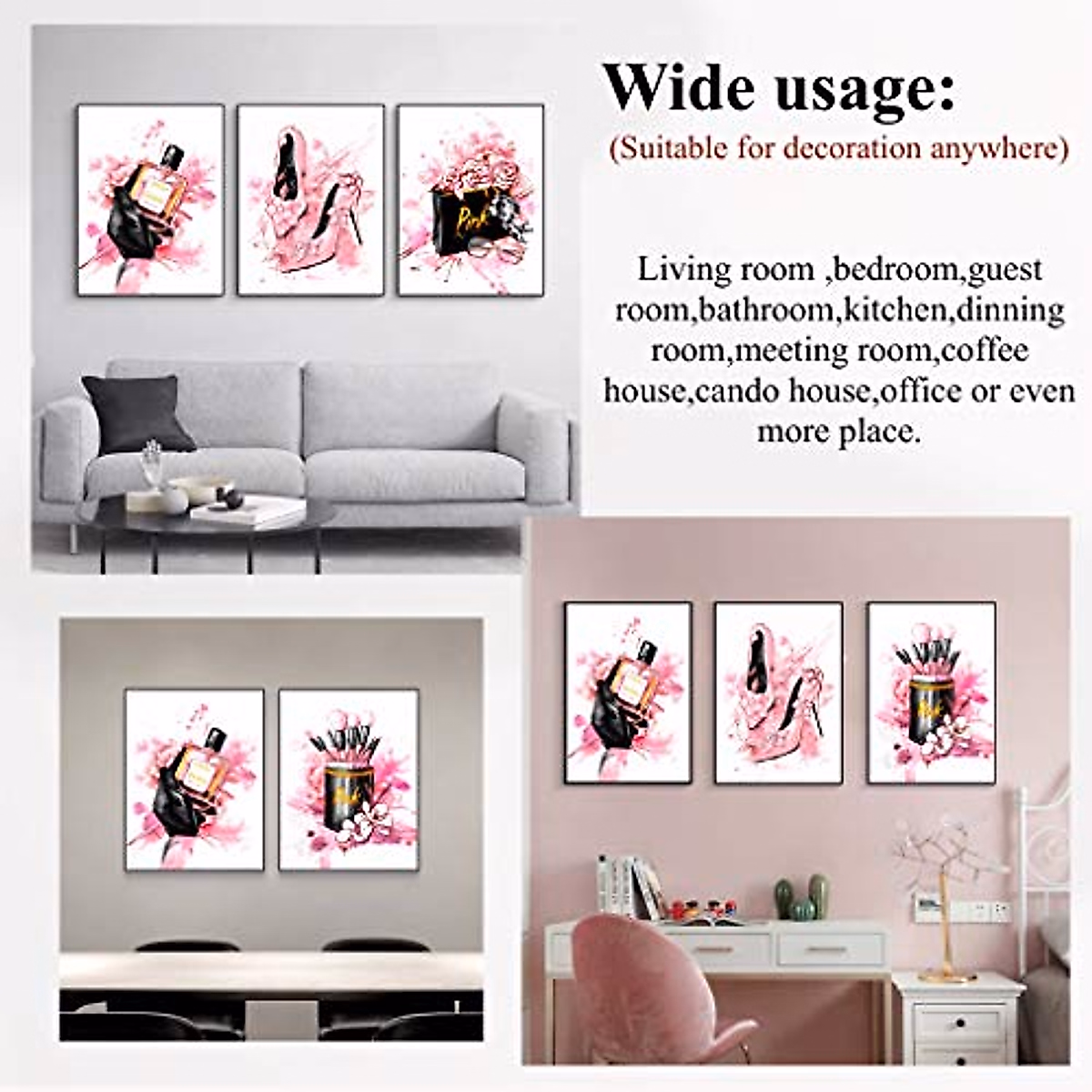 Women Fashion Canvas Wall Art ,Pink Bedroom Wall Decor, Perfume Modern Art Posters，Fashion High Heels, Makeup Brush, , Girls Room Decor, Black and Pink Fashion Poster