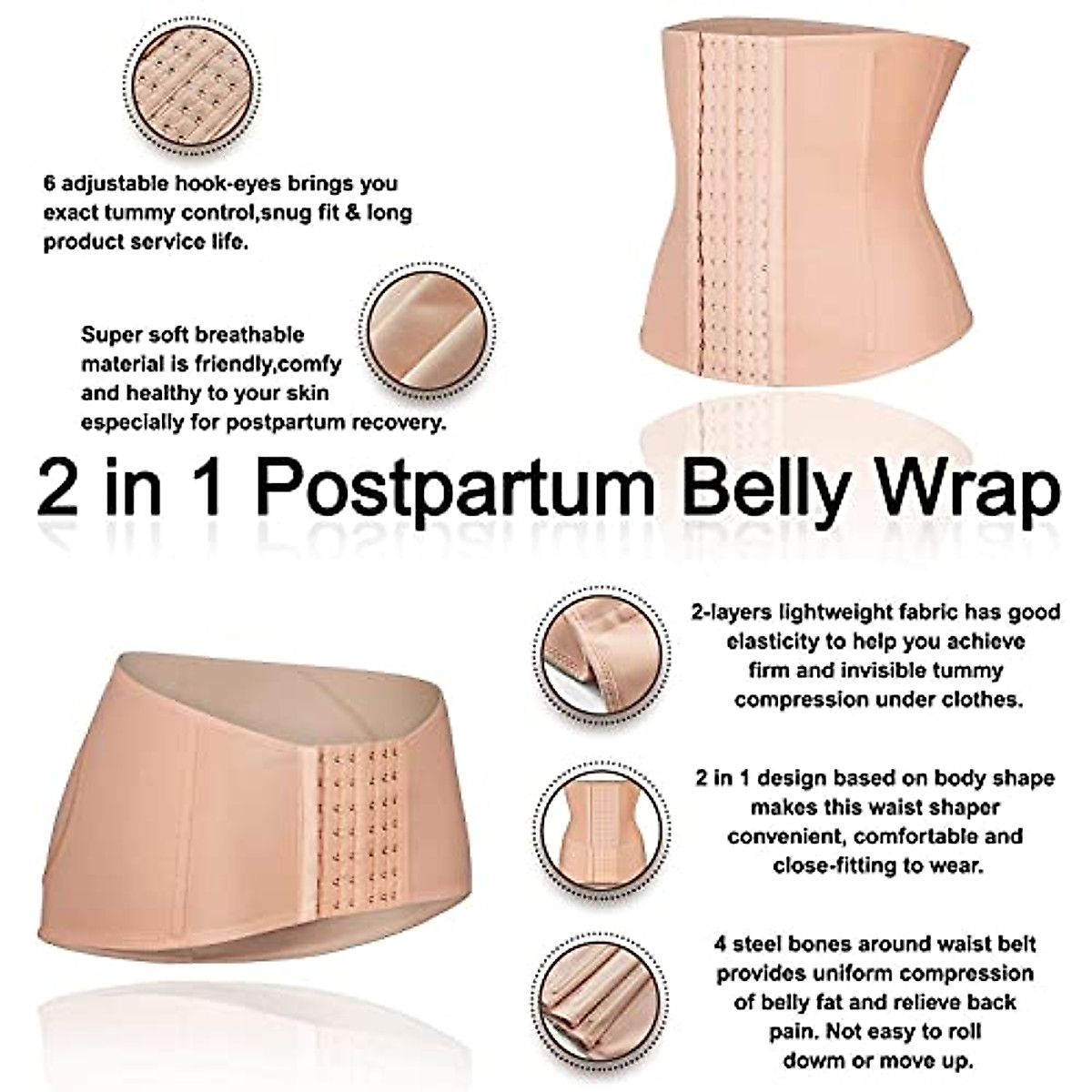 BRABIC 2 in 1 Postpartum Belly Wrap Girdle Pelvis Belt Waist Trainer Tummy Control Shapewear for Women (Beige, L)