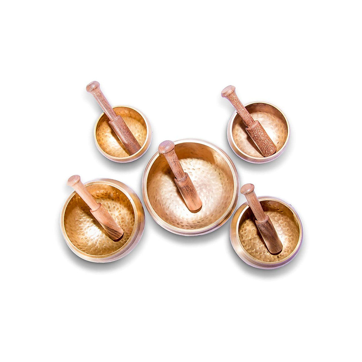Tibetan Singing Bowl Set of 5, Authentic 7 metals Meditation Sound Bowl for Yoga, Chakra healing, Deep Relaxation, Stress Relief and Mindfulness, Handmade in Nepal, comes w/ silk cushions and 5 sticks