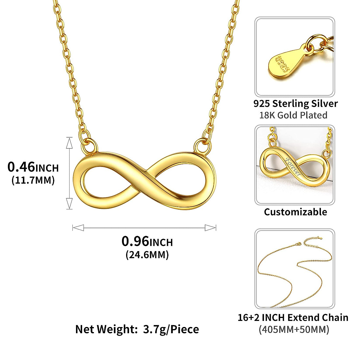 ChicSilver Gold Infinity Necklace for Women 925 Sterling Silver Pendant Necklace Dainty Gold Charm Necklace for Wome