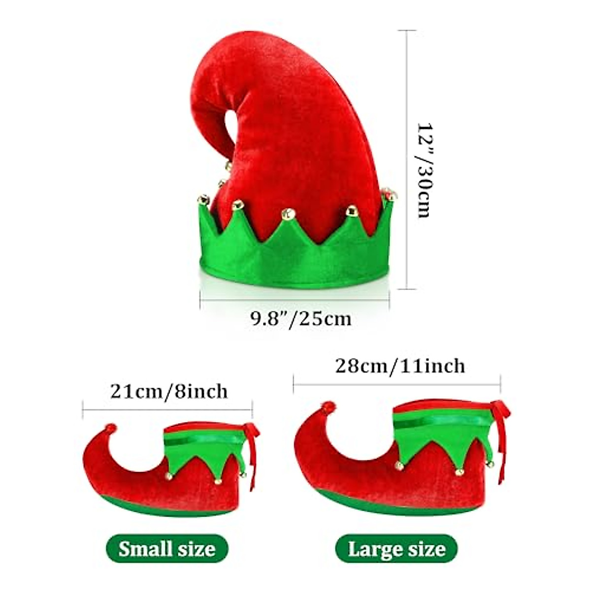 SATINIOR Christmas Santa Elf Shoes and Hat Christmas Red and Green Costume Accessory Set(21 cm/ 8 Inch,Vivid Color)