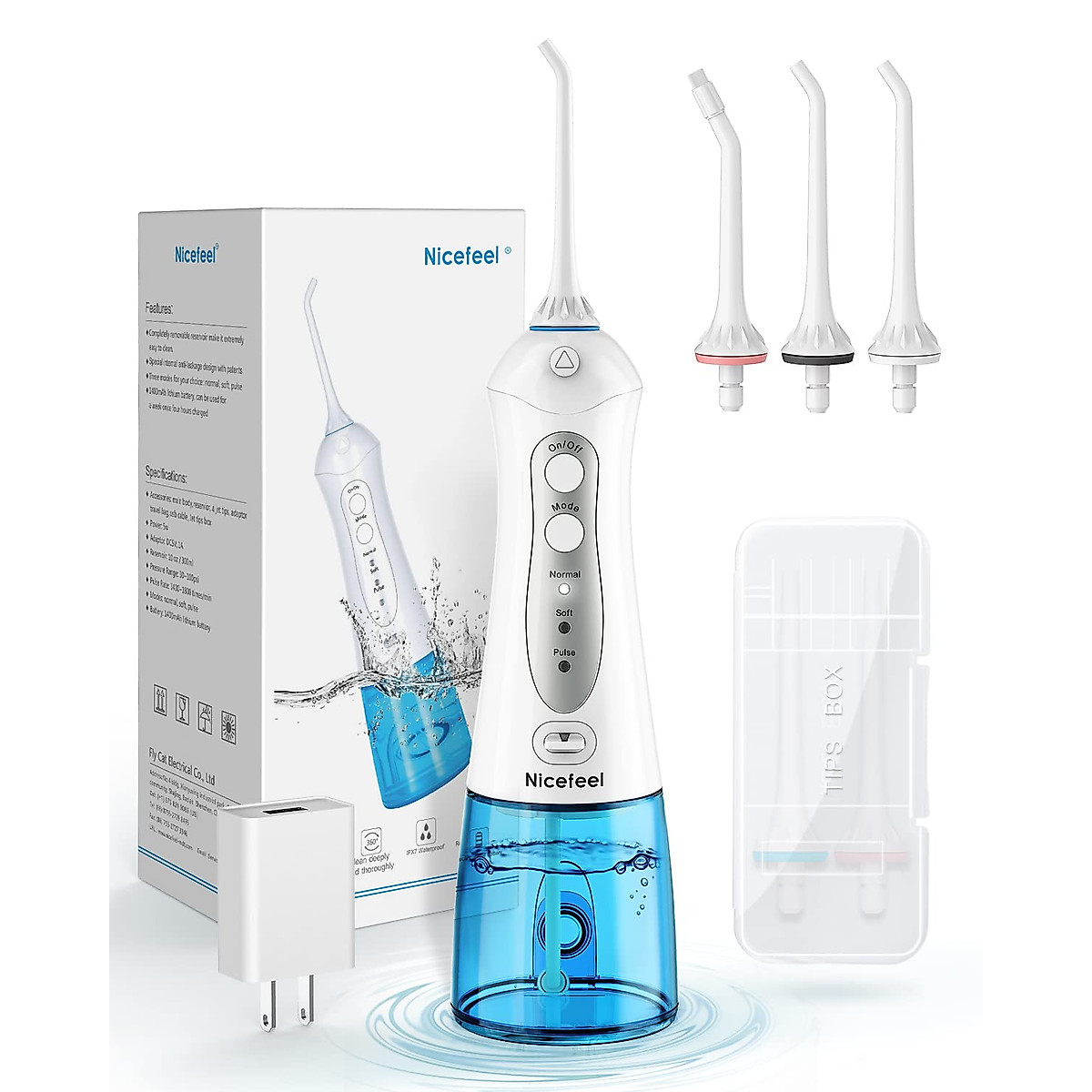 Cordless Water Flosser Teeth Cleaner, Nicefeel 300ML 2 Tip Cases Portable and USB Rechargeable Oral Irrigator for Travel, IPX7 Waterproof, 3-Mode Water Flossing with 4 Jet Tips for Home Blue