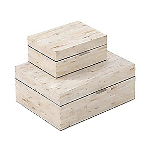 Deco 79 Mother of Pearl Handmade Box with Hinged Lid, Set of 2 12", 8"W, White