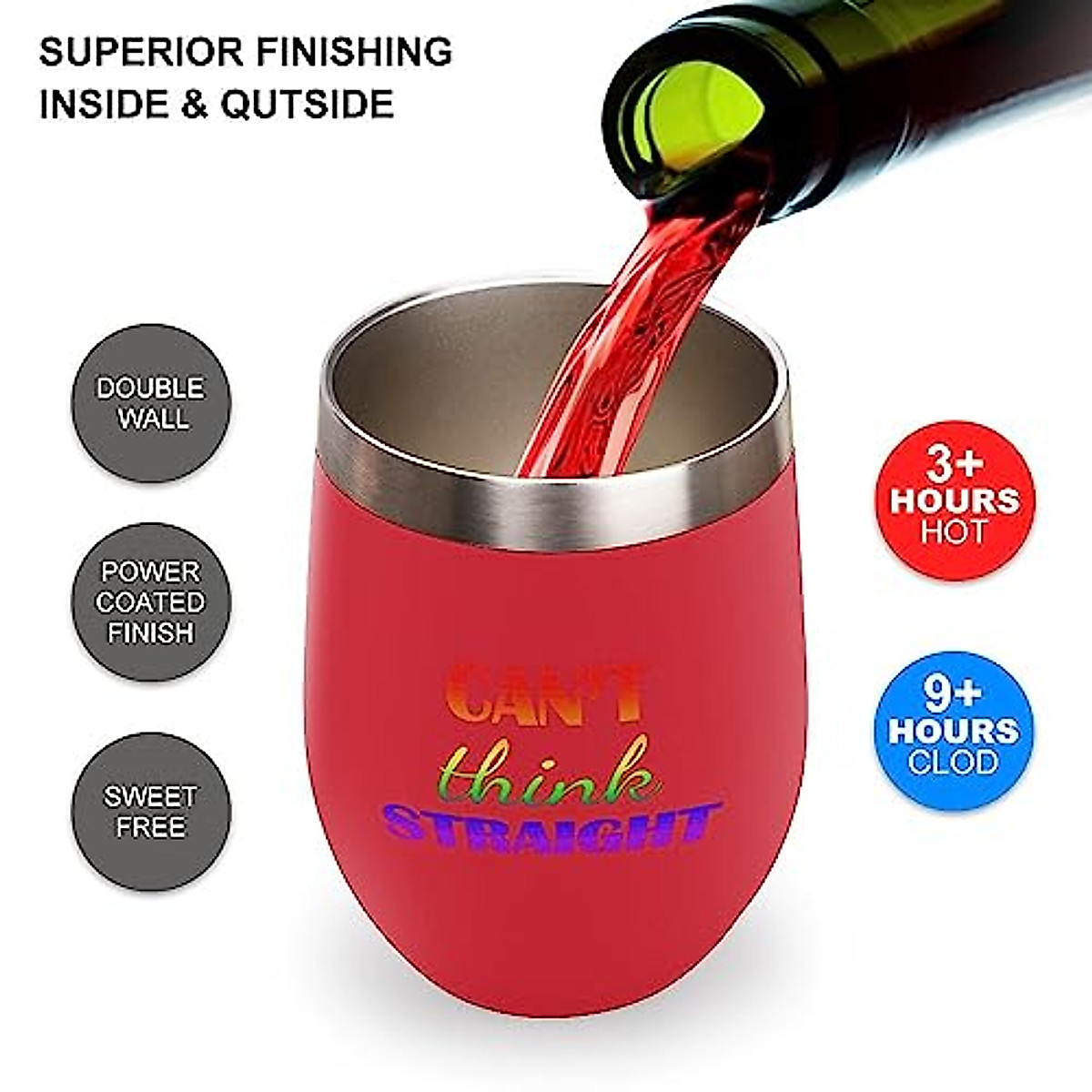 Mighun Gay Pride LGBT Equality Lesbian Wine Tumbler with Lid Can’t Think Straight Vacuum Coffee Tumbler Stainless Steel Coffee Cup for Cold & Hot Drinks Wine Coffee Cocktails Beer 12 Oz