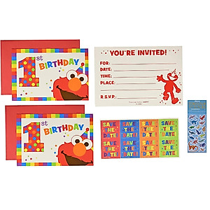 Amscan Sesame Street 1st Birthday Party Supplies Bundle Pack includes 16 Party Invitations with Envelopes, 16 Save the Date Stickers