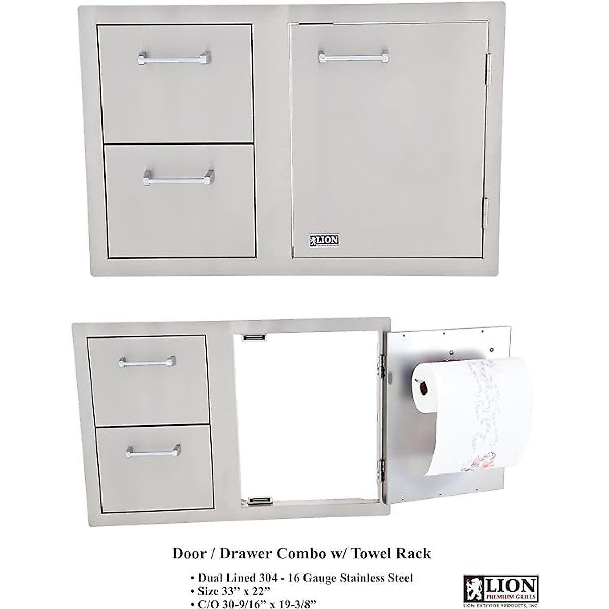 AMS Fireplace, Lion 40 Inch Grill Package w Double Access Drawer and Horizontal Single Door side burner Refrigerator Liquid Propane