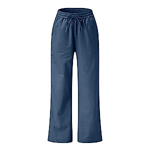 GRBOZC Baggy Pants Women's Casual Elastic Waistband Cotton Linen Palazzo Trousers Lightweight Pull On Long Lounge Pants Blue