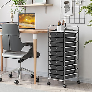 Byroce 10 Tier Drawer Rolling Storage Cart, Tools Scrapbook Paper Organizer Trolley with 360° Rotating Wheels and PP Drawers, Sturdy Metal Frame, Unity Storage Cart for Home, School, Office (Black)