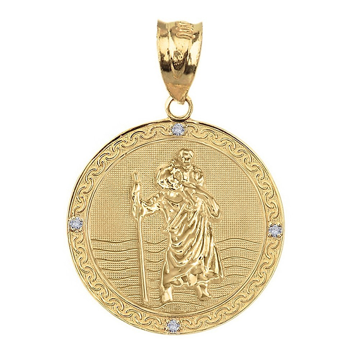 Solid 10k Gold Saint Christopher Diamond Round Medal Catholic Protection Pendant (1")