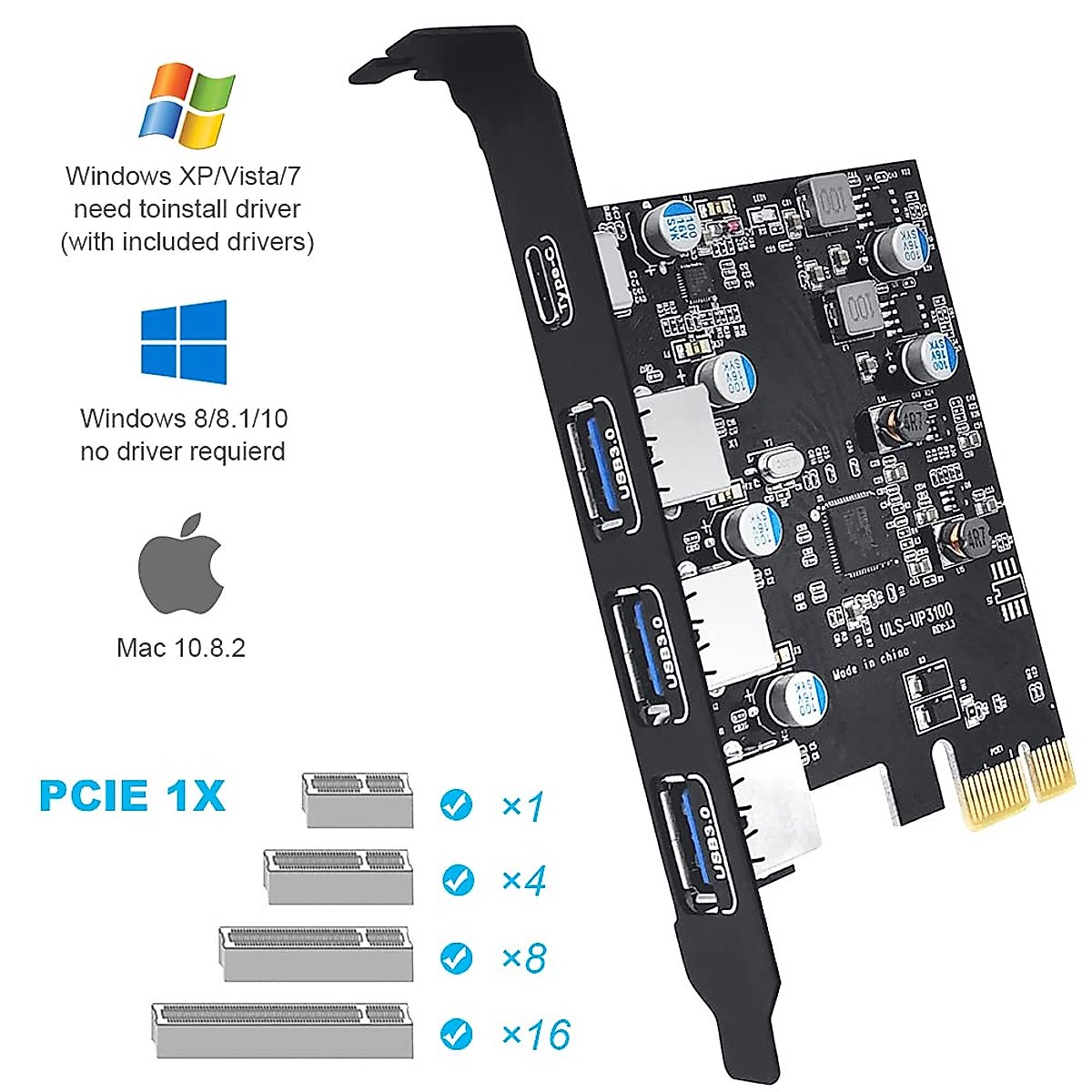 PCI-E to USB3.0 Super Fast Expansion Card 4 Ports(1xUSB-C-3xUSB-A), PCI Express USB Add in Card, Internal Converter PCI Express Expansion Card for Desktop PC Card, Support WindowsXP/7/8/10 and MAC OS