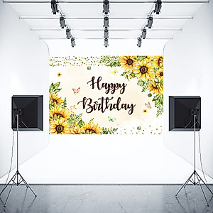 Aperturee 7x5ft Sunflowers Happy Birthday Backdrop Butterfly Gold Dots Girls Women Sweet 16th Bday Photography Background Party Decorations Photo Booth Studio Props Banner Supplies Cake Table