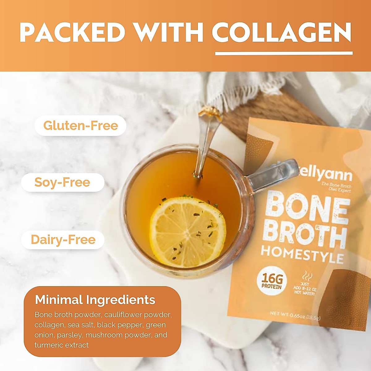 Dr. Kellyann Bone Broth Collagen Powder Packets (7 Servings, 1 Box), 16g Protein/Serving, 100% Grass-Fed Hydrolyzed Collagen Powder, Keto & Paleo Friendly