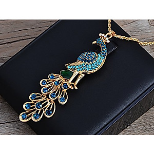 Alilang Golden Tone Blue Green Colored Rhinestone Peacock Bird Pendant Chain Necklace