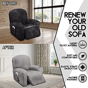 ULTICOR 4-Piece, 1 Seat Recliner Cover, Velvet Stretch Reclining Chair Covers for 1 Cushion Reclining Sofa, Single Seat Recliner Couch Cover, Thick, Very Soft, Machine Washable (Light Grey)