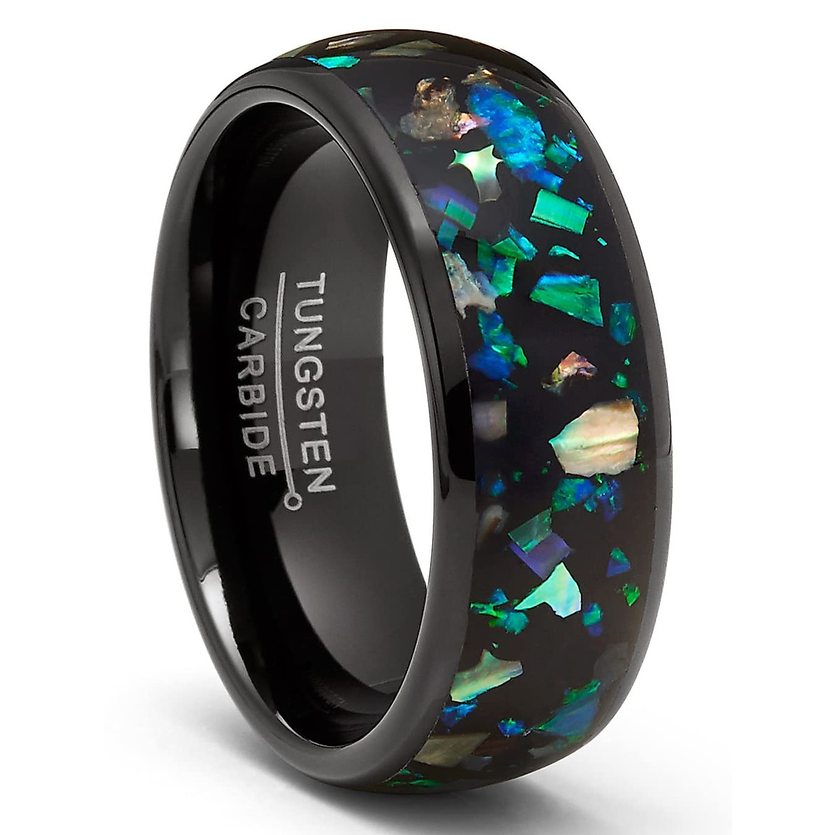 Metal Masters Crushed Opal & Abalone Tungsten Carbide Ring Dome Wedding Band Simulated Black 8MM