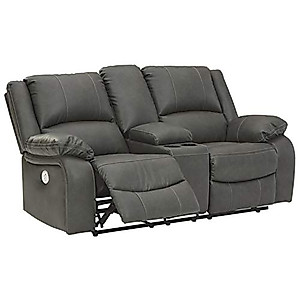 Signature Design by Ashley Calderwell Faux Leather Power Double Reclining Loveseat with Storage Console, Gray