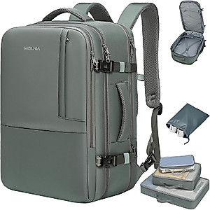 MOLNIA Travel Backpack for Men, 47L Carry On Backpack, 17.3inch Laptop Backpack Flight Approved, with 3 Packing Cubes & 1 Shoe Bag, Expandable Business Suitcase, Weekender Duffel Bag, Grey-green