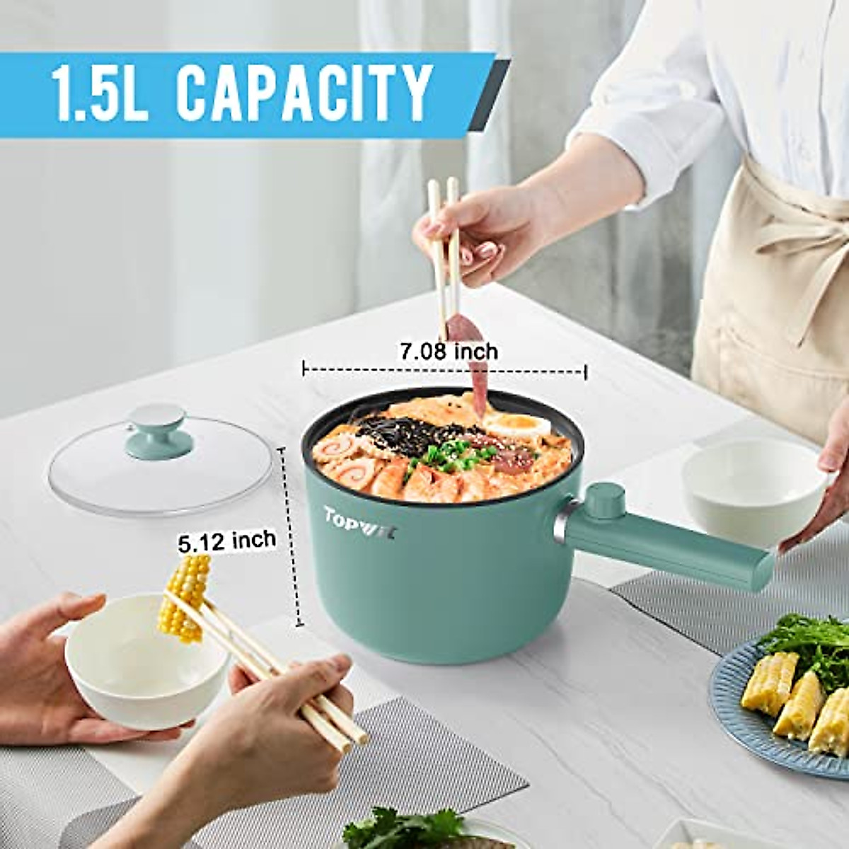 Topwit Electric Hot Pot, 1.5L Ramen Cooker, Portable Non-Stick Frying Pan, Electric Pot for Pasta, Steak, BPA Free, Electric Cooker with Dual Power Control, Over-Heating & Boil Dry Protection, Green