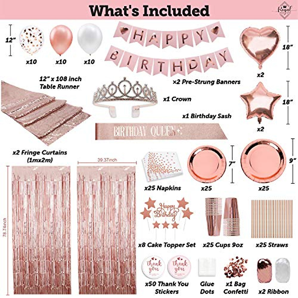 225 Pc Rose Gold Birthday Party Decorations Kit for Girls, Teens Or Women - Happy Birthday Pre-Strung Banners, Curtains,Table Runner, Balloons, Sash, Tiara, Cake Toppers, Plates, Cups, Napkins Straws for 25 Guest & Thank You Stickers