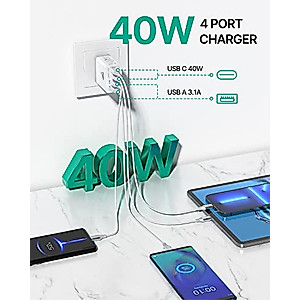 USB C Wall Charger, Aioneus 40W 4-Port Fast Charging Block USB C Charger Dual Port PD+QC Wall Plug Multiport Type C Charger Block for iPhone 14 13 12 11 Pro Max XS XR 8 7, iPad, Samsung Phone, Tablet