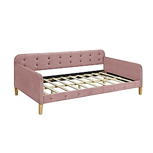 OUYESSIR Twin Size Upholstered Daybed, Comfy Wooden Velvet Fabric Day Bed Frame with Tufted Button for Kids Adults Boys Girls, Pink