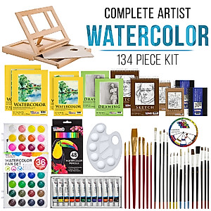 US Art Supply 136-Piece Deluxe Watercolor Painting & Sketch Drawing Set with Wood Drawer Table Easel - Colored Pencils, Watercolor Paint, Sketchbook, Drawing Paper Pads, Brushes, Pallete