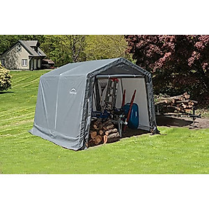 ShelterLogic 10' x 10' Shed-in-a-Box All Season Steel Metal Frame Peak Roof Outdoor Storage Shed with Waterproof Cover and Heavy Duty Reusable Auger Anchors, Grey