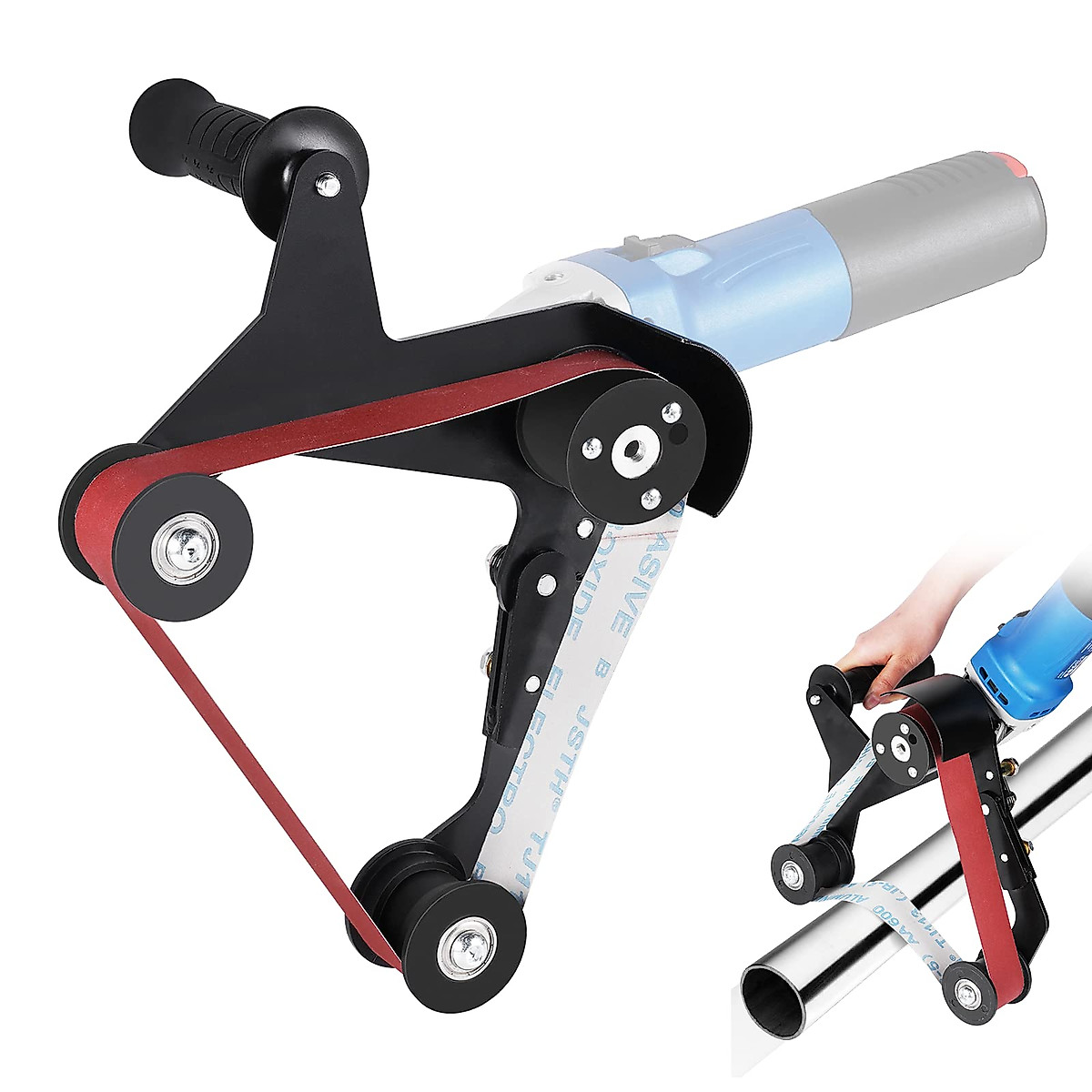 Pipe Tube Polisher Pipe Sander Attachment Belt Sander Adapter for Angle Grinder Pipe Polishing Attachment Rust Removal Suitable for Spindle Thread US 5/8-11 Angle Grinder 20-40mm Belt with 10PCS Belt