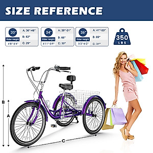 Barbella Adult Tricycles, 7 Speed Adult Trikes 20/24/26 inch 3 Wheel Bikes, Cruise Bike with Basket for Seniors, Women, Men for Recreation, Shopping, Exercise, Multiple Colors