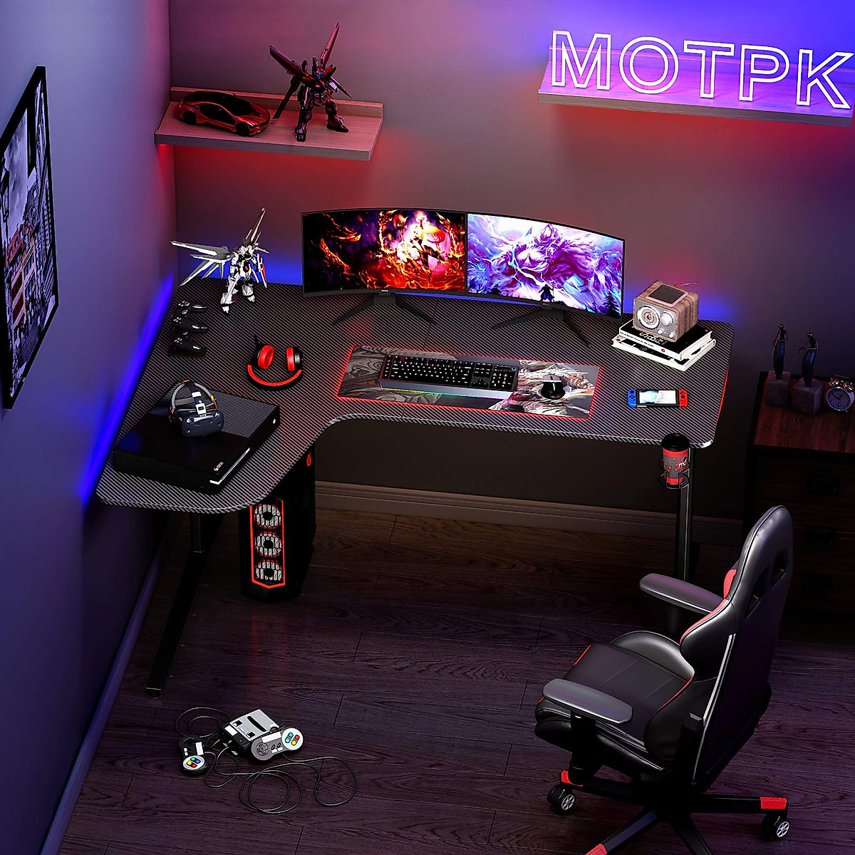 MOTPK Large L Shaped Gaming Desk, 60-inch Real Carbon Fiber Gaming Desks for PC Writing Studying, Corner Desk for Home Office Laptop Workstation, with Mouse Pad and Cup Holder