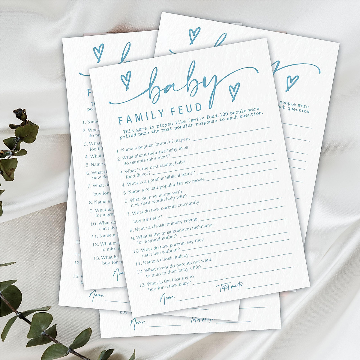 Baby Family Feud Game Set For Baby Shower - Minimalism White & Blue - 30 Double-Sided Fill In Style Game Cards With Answer Cards, Gender Reveal, Baby Announcement, Party Favor & Supplies - A04