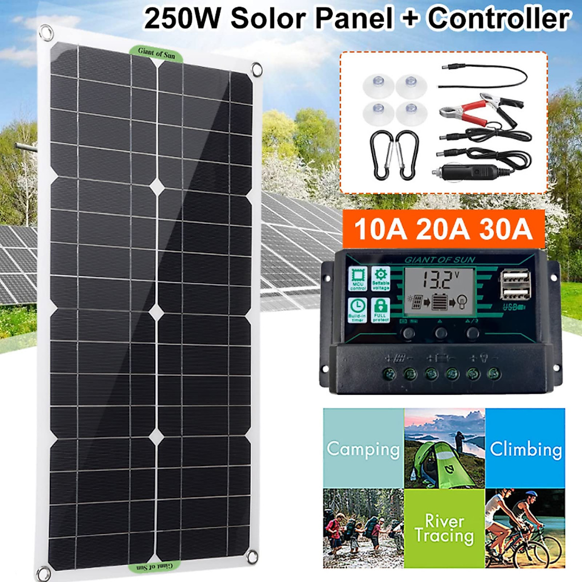 Pilipane 250W Solar Battery Charger Maintainer with 10A Charge Controller,Portable Solar Panel Kit,Monocrystalline Solar Panel Kit for 12V Battery of Car Boat Tractor Trailer RV Generator Shed Fence