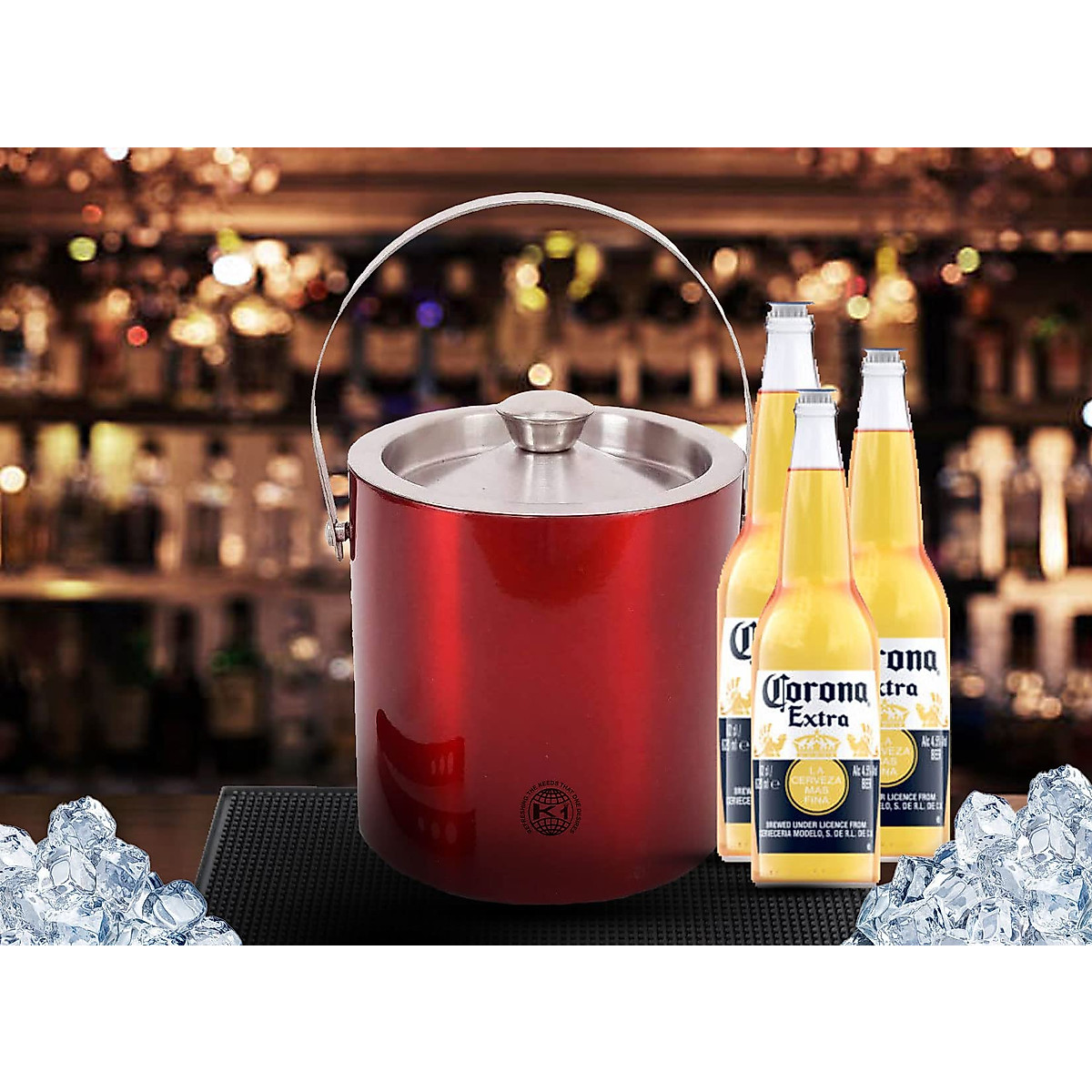 King International Stainless Steel Double Walled Insulated Red Ice Bucket with Lid & Handle, 1.75 LTR 84 Quarts, Ice Tong, Keeps Ice Cold for 6 Hours, Bar Tools for Home Bar Accessories, Mini Bar