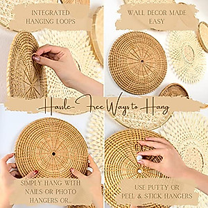 b.spoke Hanging Wall Basket Decor – Set of 6 Handmade Decorative Boho Woven Wall Baskets - Round Natural Bamboo, Wicker, Rattan Wall Decor for Your Home