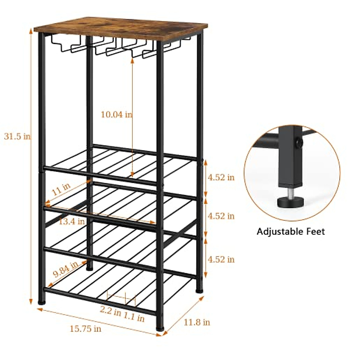 Vrisa Wine Rack Freestanding Floor 16 Bottles Wine Rack with 9 Glass Holder Wine Bottle Holder Stand Wine Racks for Floor 5 Tiers Wine Holder Stand for Kitchen Dining Room, Office, Bar, Rustic Brown