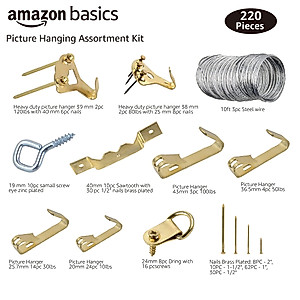 Amazon Basics Picture Hanging Assortment Kit, Brass, 220 Piece Set