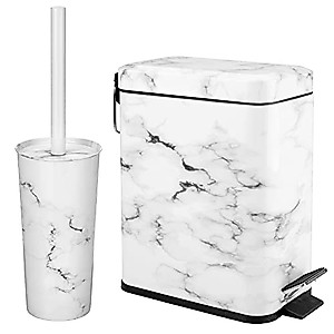 mDesign Metal Freestanding Slim Toilet Bowl Brush and Holder + Rectangle Narrow 5 Liter / 1.3 Gallon Step Pedal Trash Can Wastebasket for Bathroom - Small, Compact Design - Set of 2 - White Marble