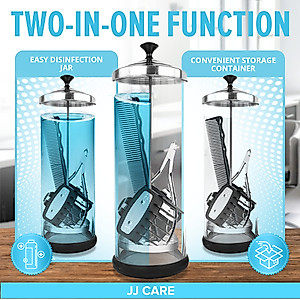 JJ CARE Disinfectant Jar (35 oz) - Barber Jar Glass, Sanitizer Disinfectant Glass Jar, Barber Disinfectant Jar Implement Disinfectant Container w/Stainless Steel Removable Strainer & Cap - Black Lid