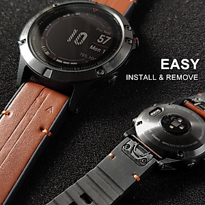 Abanen Genuine Leather Watch Band, QuickFit 22mm, Soft Sweatproof Silicone for Garmin Fenix 6/5/7, Instinct, EPIX 2, Approach S62/S60, Brown