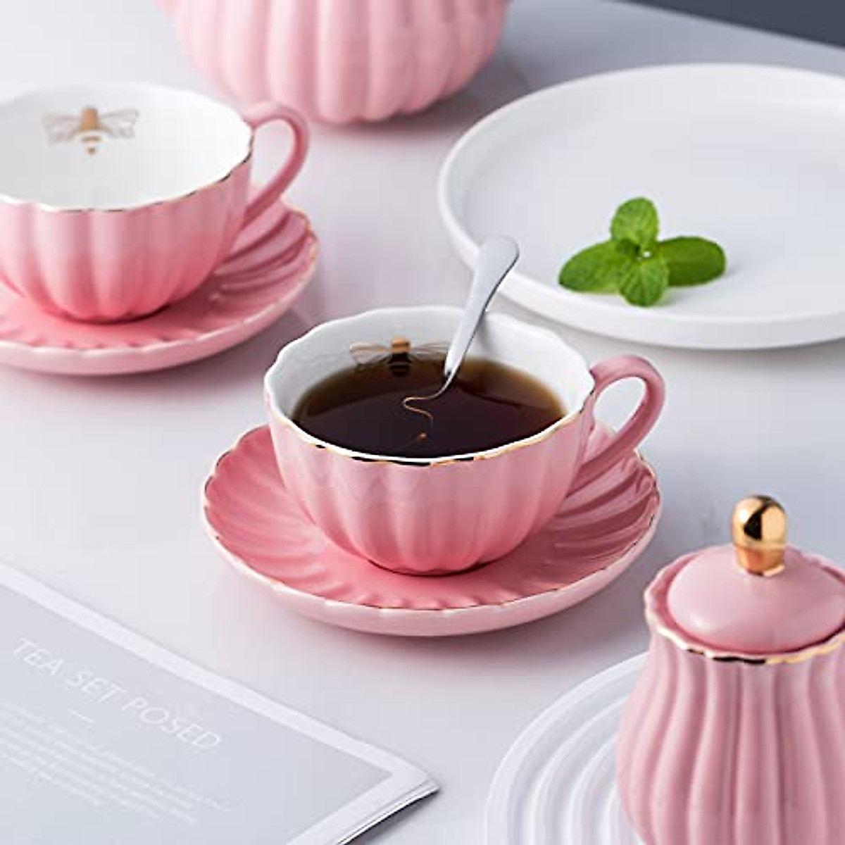 Jusalpha Fine China Pink Coffee Cup/Teacup Set, 7 OZ Cups& Saucer Service for 4, with Teapot-Sugar Bowl-Cream Pitcher Teaspoons and tea strainer for Tea/Coffee, 17-Pieces (TW Full set)
