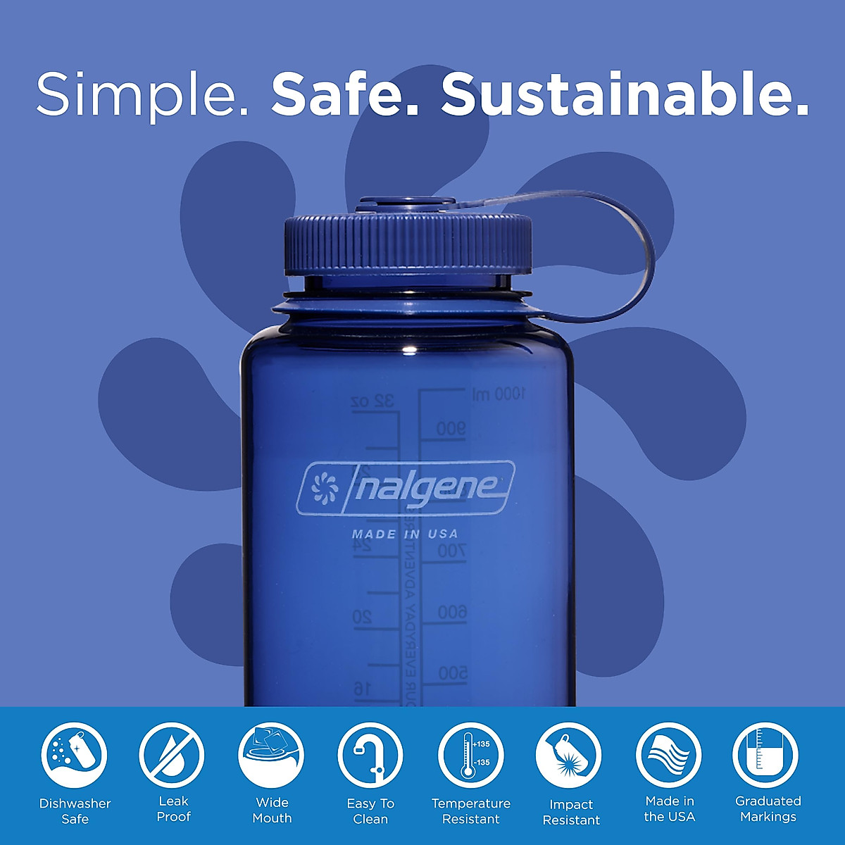 Nalgene Water Bottle Monochrome Collection - BPA Free Water Bottle Made from Recycled Materials - Reusable Water Bottle for Backpacking, Hiking, Gym - Shatterproof Water Bottle - 32 oz - Denim